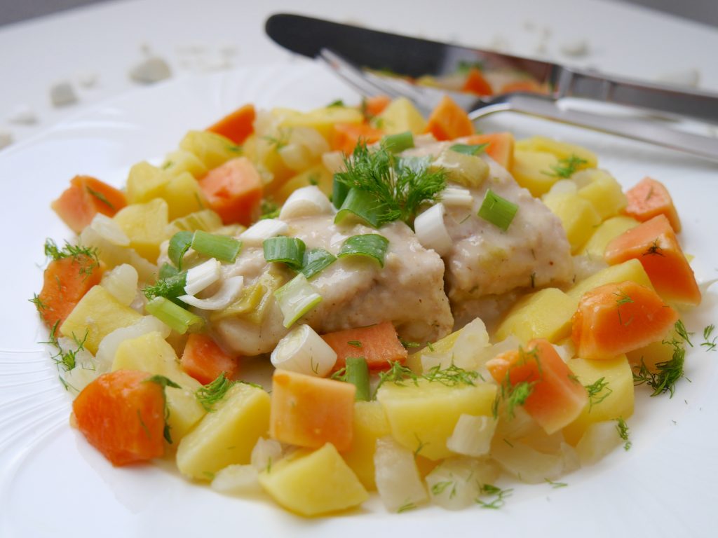 Welsfilet mit Papaya-Gemüse und Meerrettichsauce - good food blog